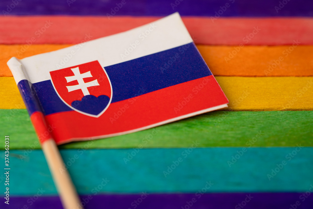 Slovakia flag on rainbow background symbol of LGBT gay pride month ...