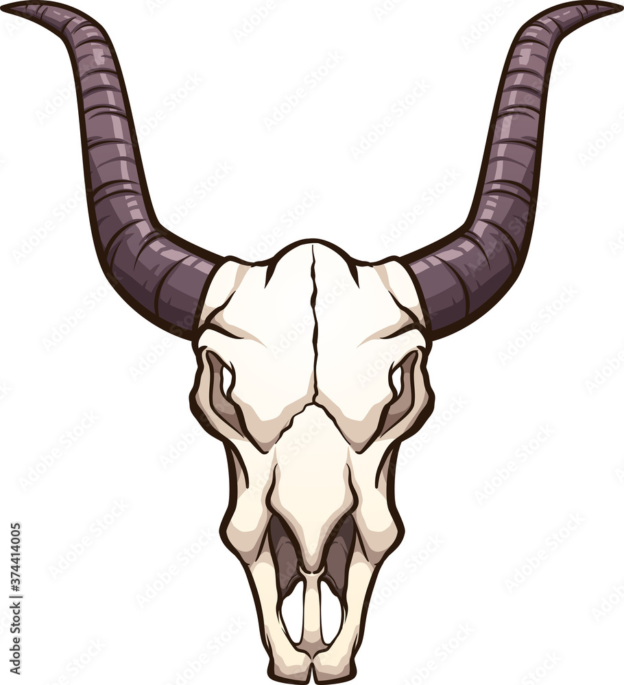 Cartoon bull skull front view with dark horns. Vector clip art ...