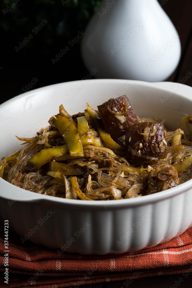 braised pork belly with banana blossom (puso ng saging) in vermicelli ...