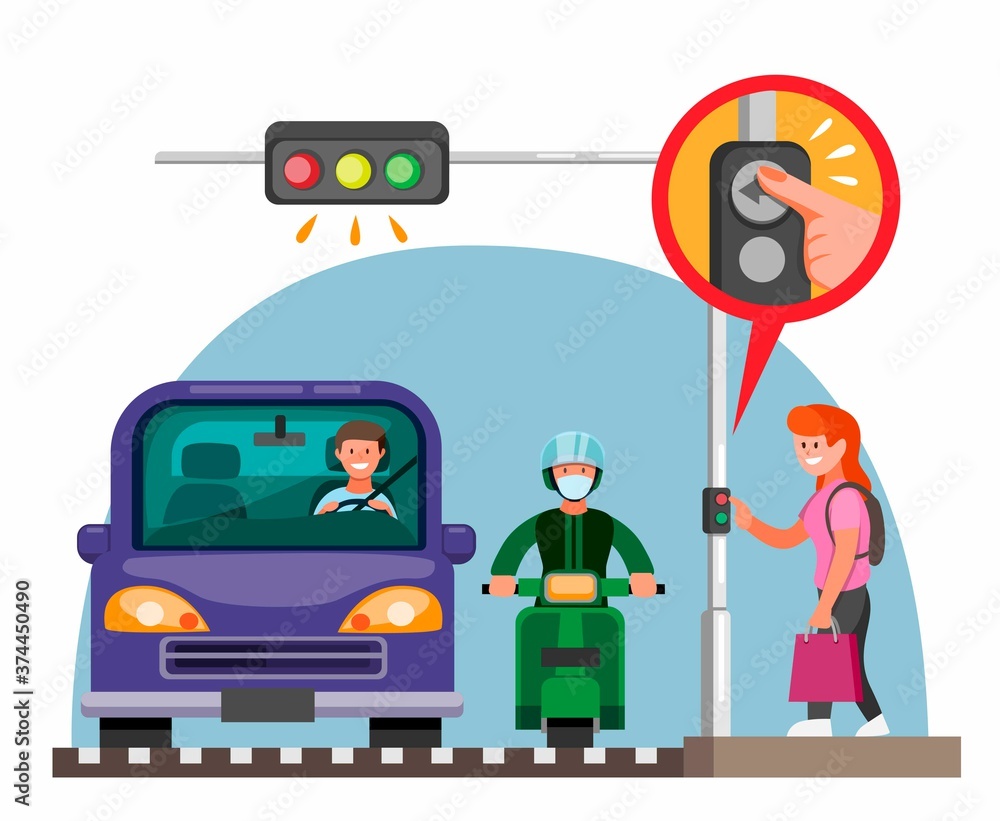 Pedestrian Traffic light button information concept in cartoon flat ...