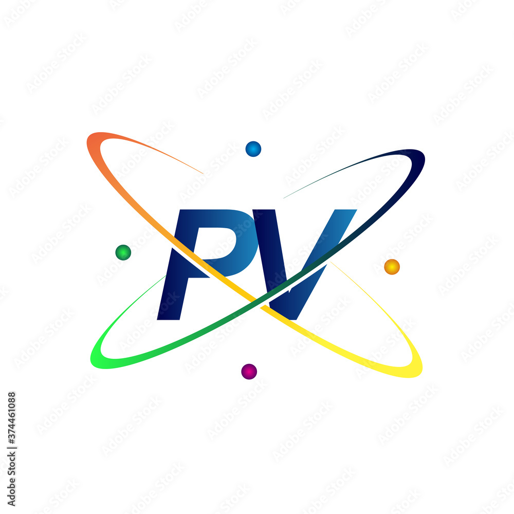 initial letter PV logotype science icon colored blue, red, green and ...