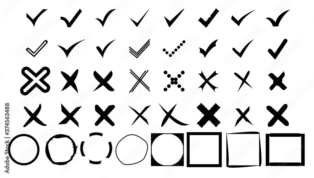 Set of simple web buttons: black check mark and cross. Circle and ...