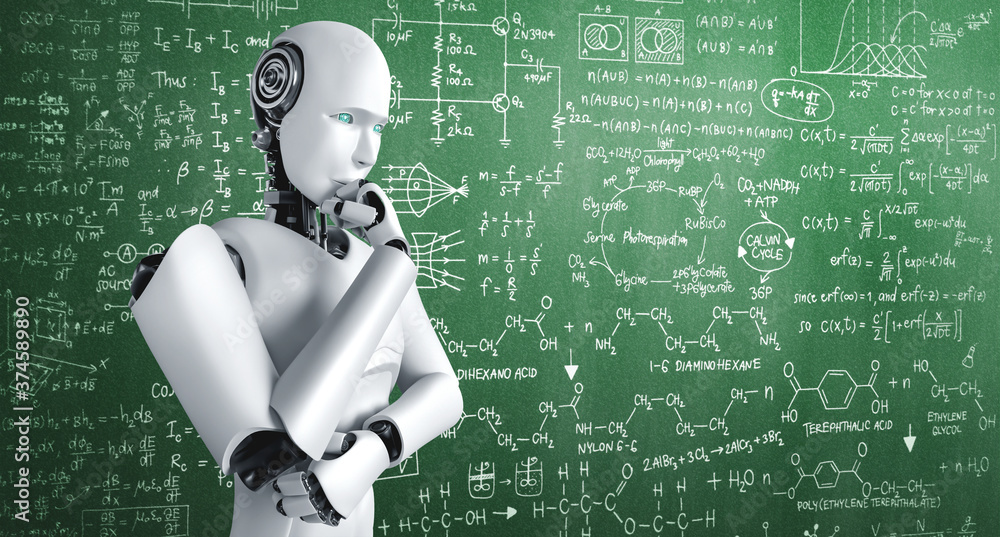 Thinking AI humanoid robot analyzing screen of mathematics formula and ...