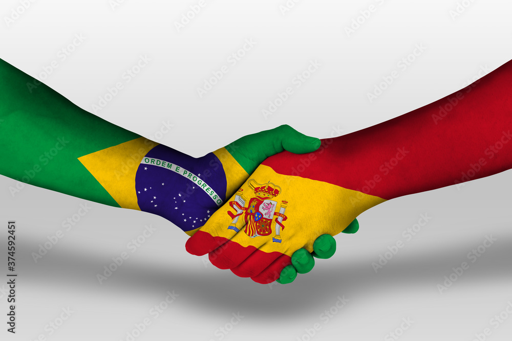 Handshake between spain and brazil flags painted on hands, illustration ...
