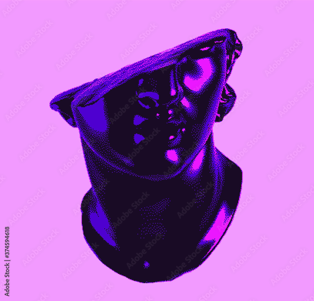 Fragmentary marble of plaster bust in bitmap pixel art style. Vaporwave ...