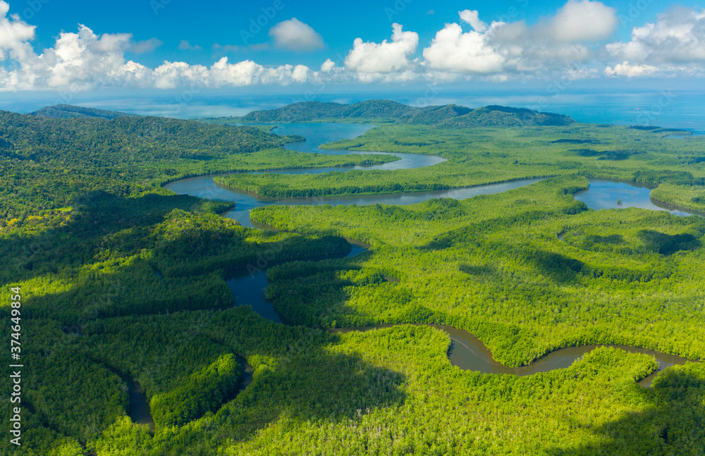 Aerial view of Delta Sierpe River Terraba, Corcovado National Park, Osa ...