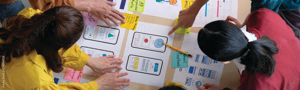 Brainstorm planing creative teamwork, Close up of hands mobile phone ...