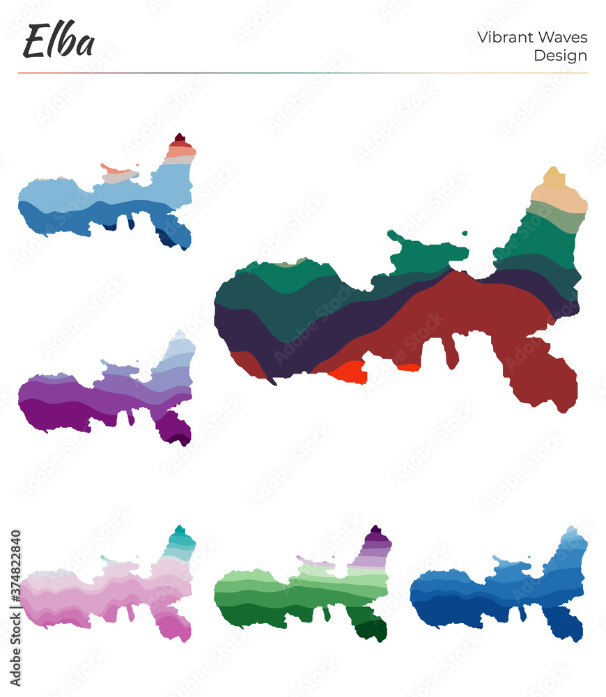 Set of vector maps of Elba. Vibrant waves design. Bright map of the ...