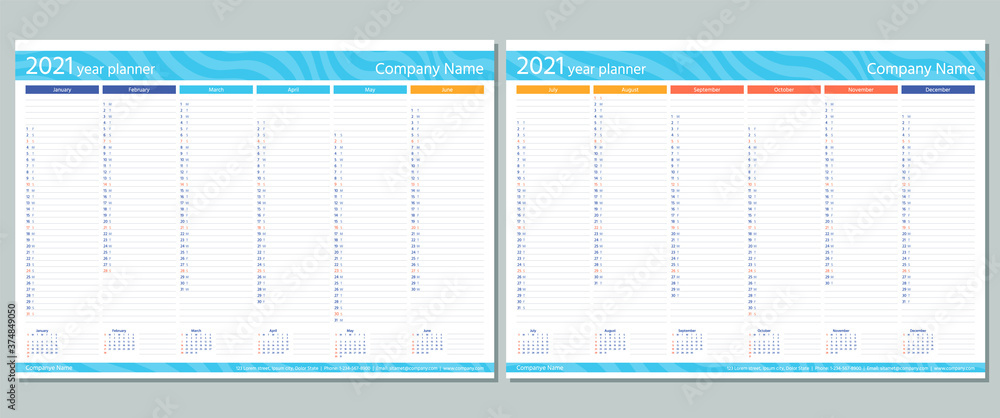 2021 year planner calendar. Vector. Week starts Sunday. Wall calender ...