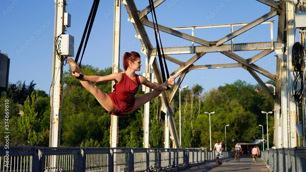 Foto de Stock Circus performer on aerial straps performs an aerial act ...