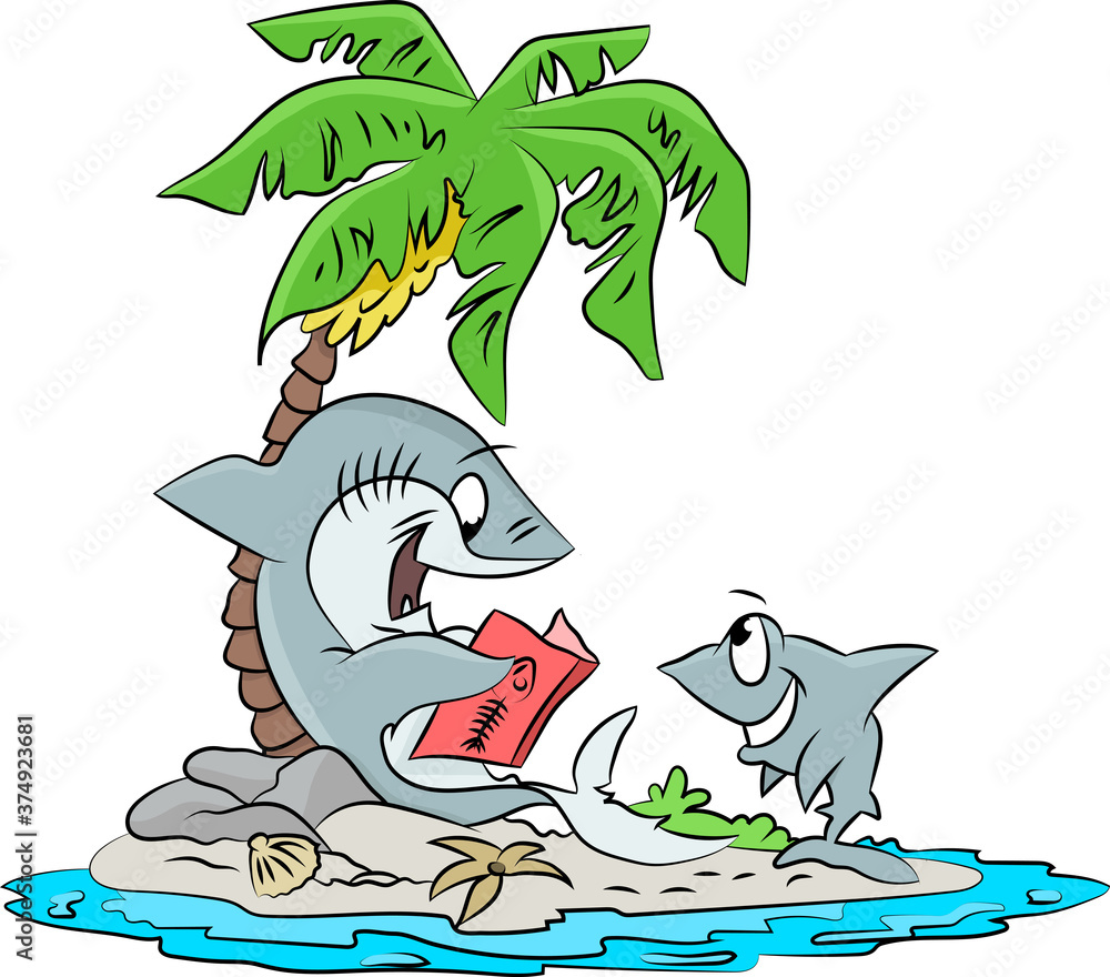Cartoon shark reading a book to his son vector illustration Stock ...