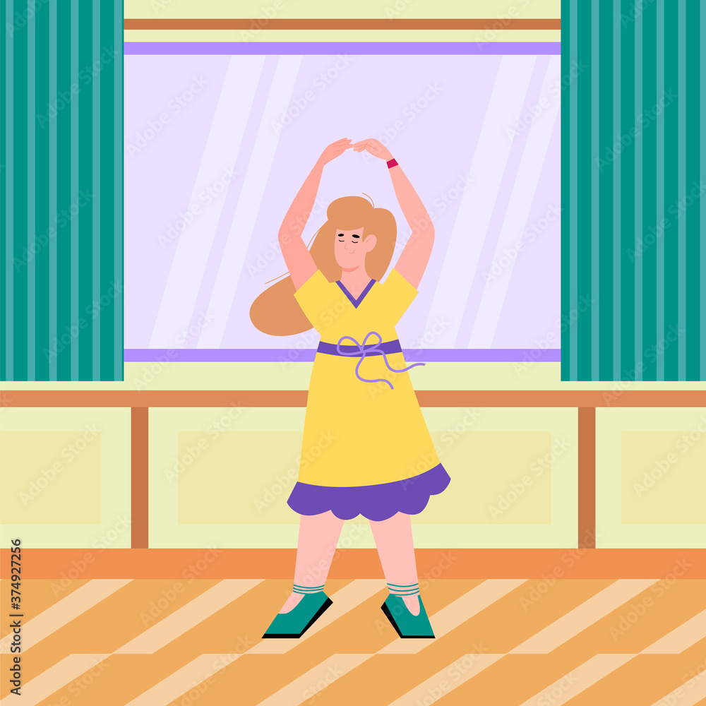 Pretty dancing woman in yellow dress in room interior, flat cartoon ...