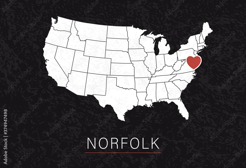 Love Norfolk Picture. Map of United States with Heart as City Point ...