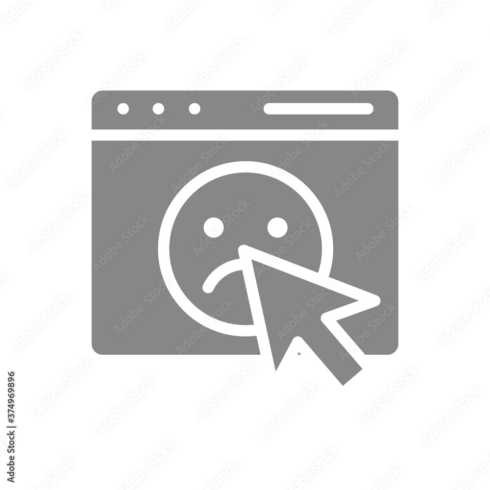 Email, webpage with sad face and arrow cursor gray icon. Emoji rating ...