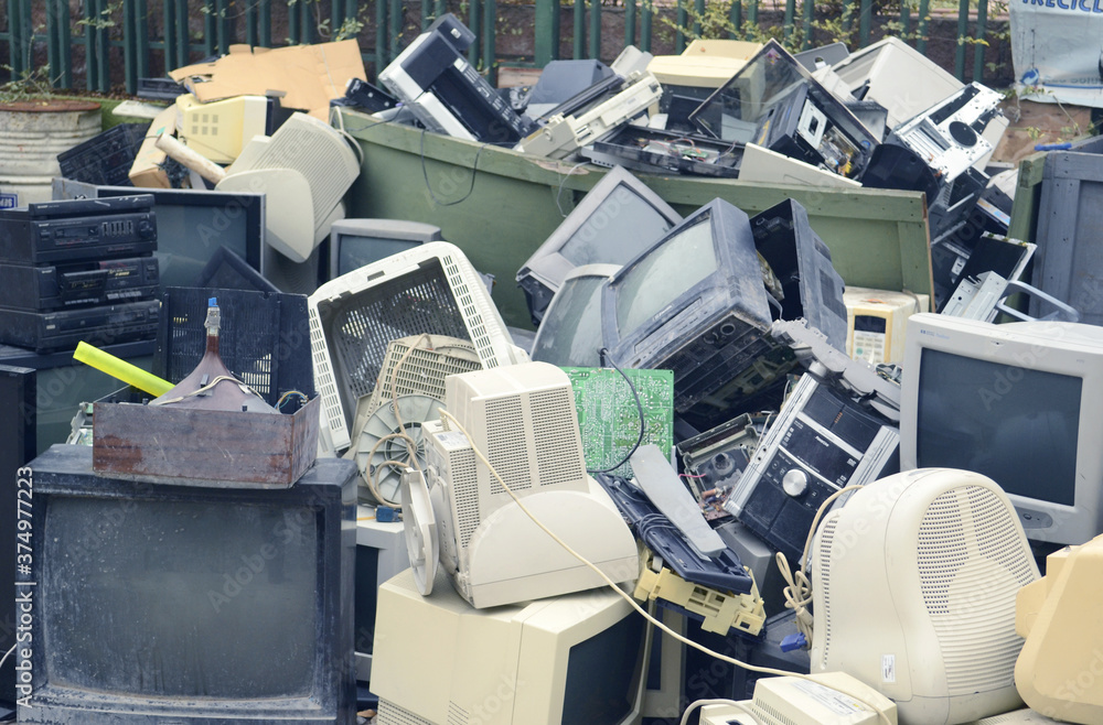 Pile of old computer waste in the scrap yard, Technology waste, Garbage ...