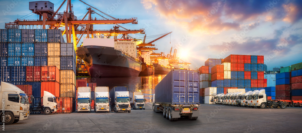 Container truck in ship port for business Logistics and transportation ...