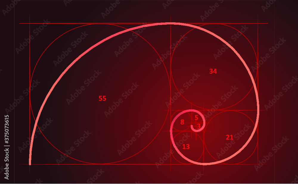 Leonardo da Vinci day. The golden ratio template spiral. Fibonacci number. Circles in golden ...