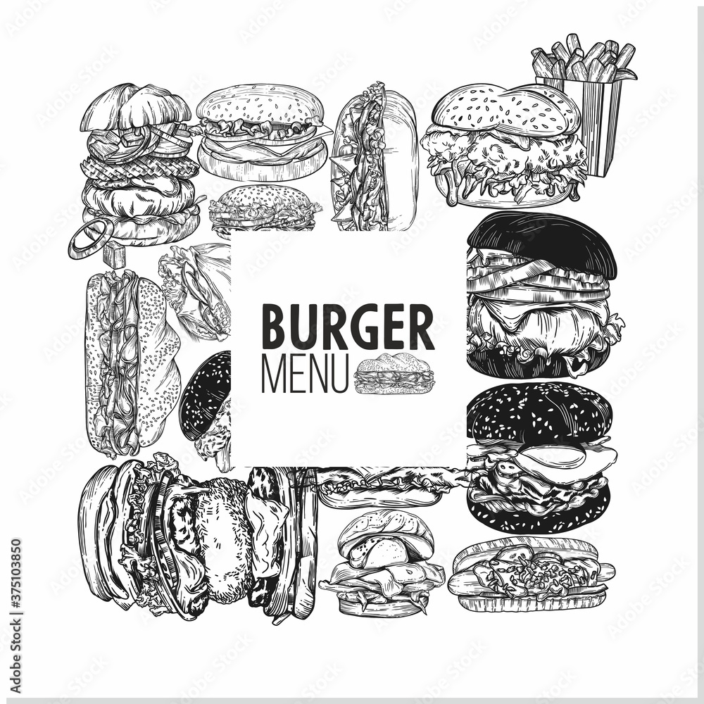 Raster illustration of burgers, sandwiches, and fast food. Sketch of a ...