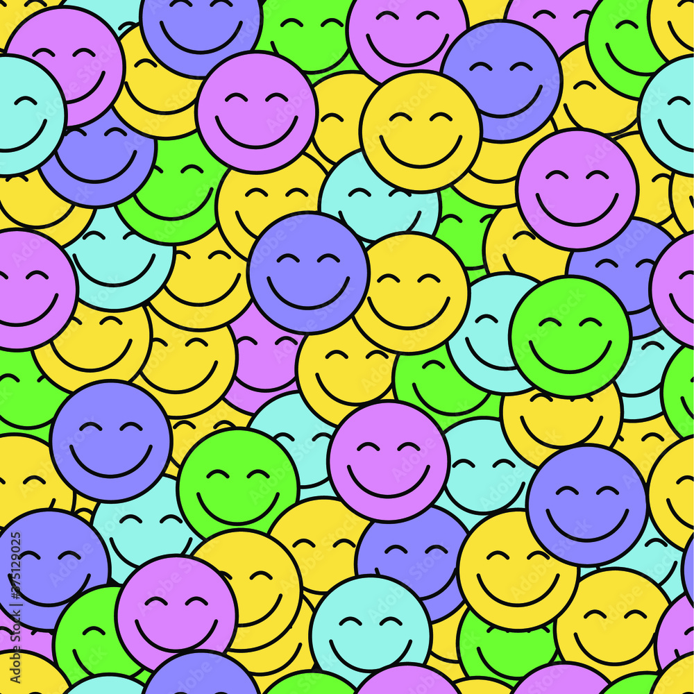Seamless pattern of Happy face icon. Smiling Emoticon texture. Colorful ...