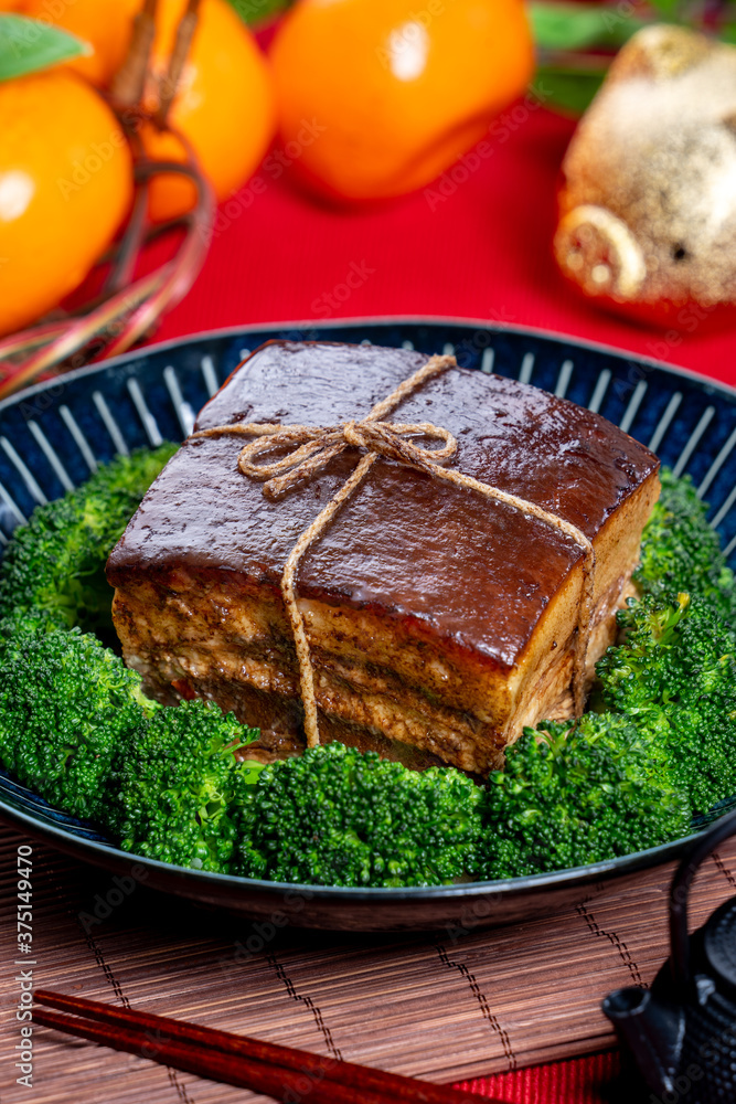 Dong Po Rou (Dongpo pork meat) in a beautiful blue plate with green ...