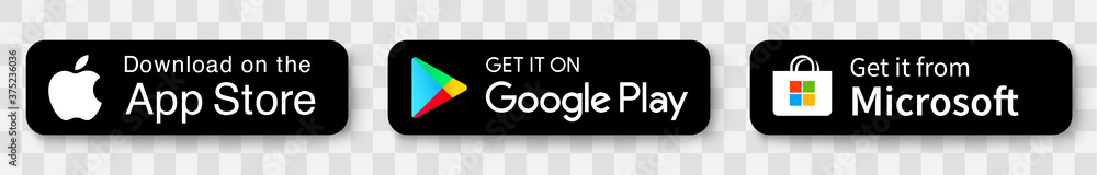 Buttons Apple App Store, Google Play Store, Microsoft Store. Mobile app ...