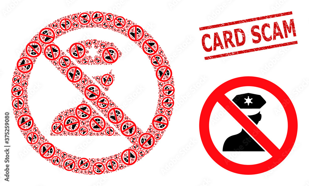 Recursive collage stop policeman and Card Scam scratched stamp. Vector ...