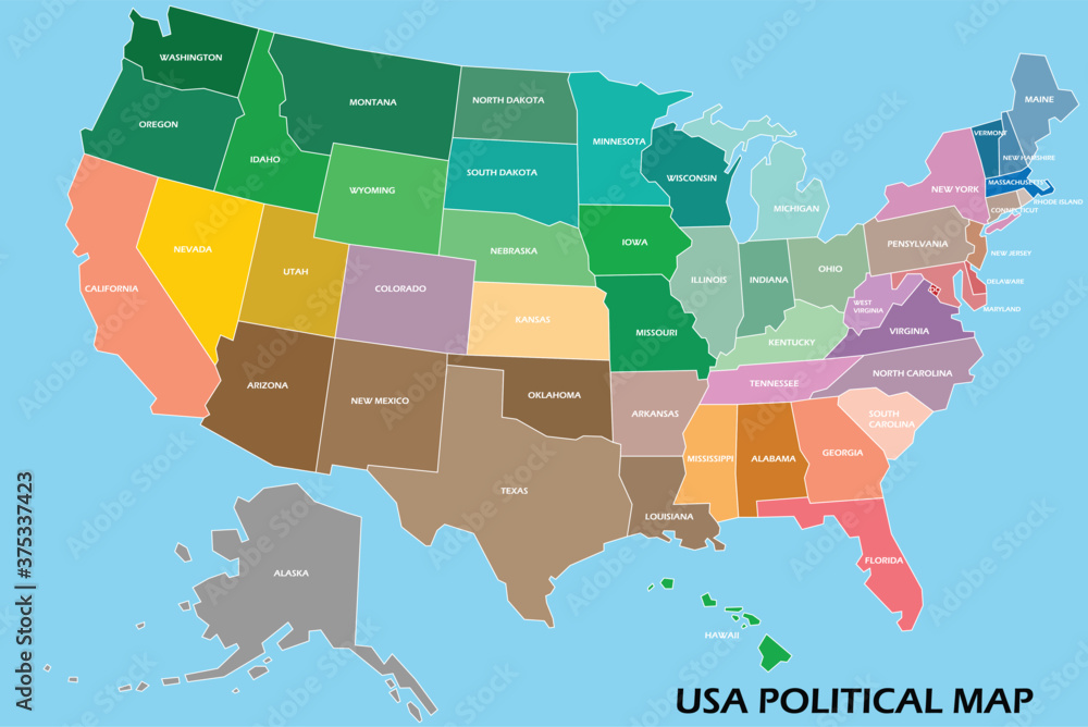 United States of America political map divide by state colorful outline ...