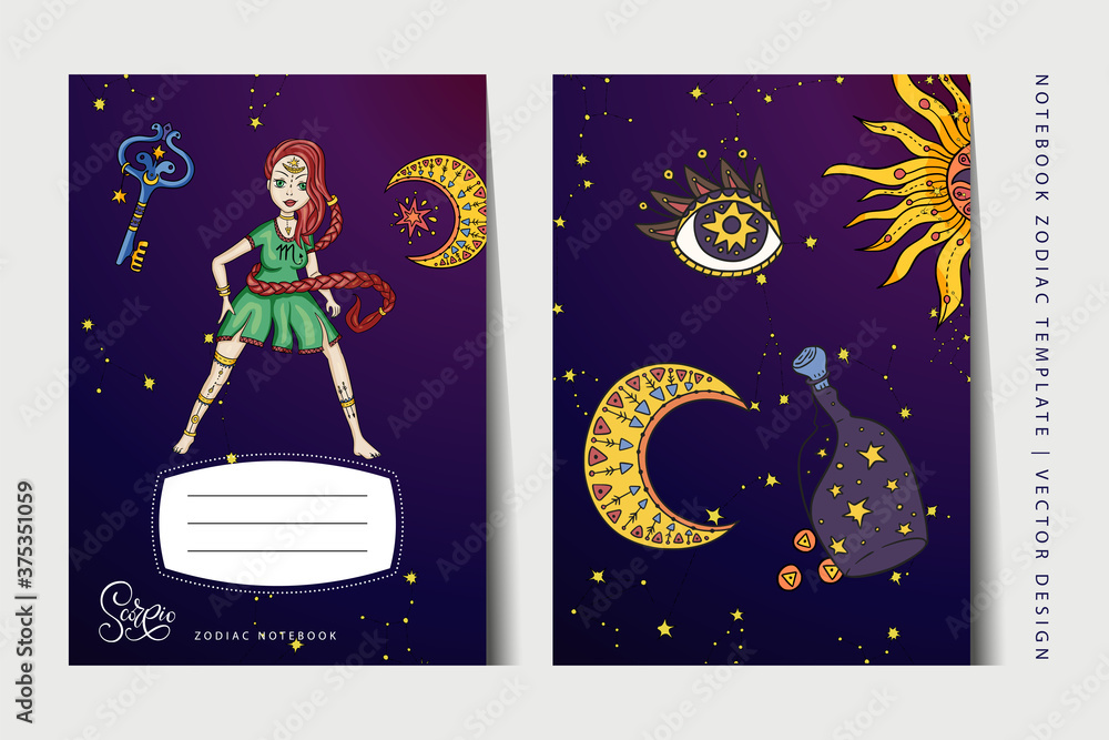 Zodiac Scorpio girl notebook vector template. Book layout for a3, a4 ...