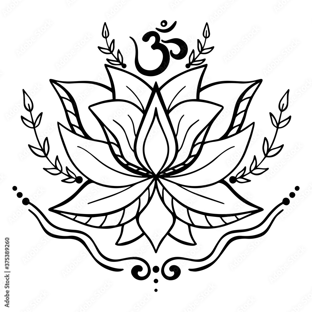 Vector black and white illustration of lotus flower and om ohm aum ...