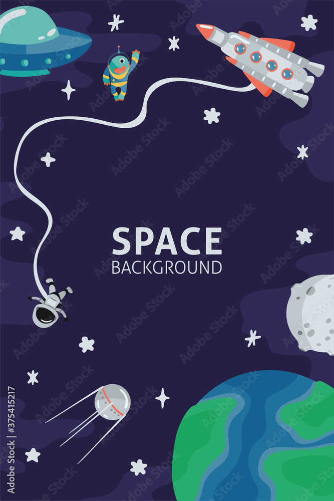 Space template with rocket, planets, cosmonaut and copy space for your ...