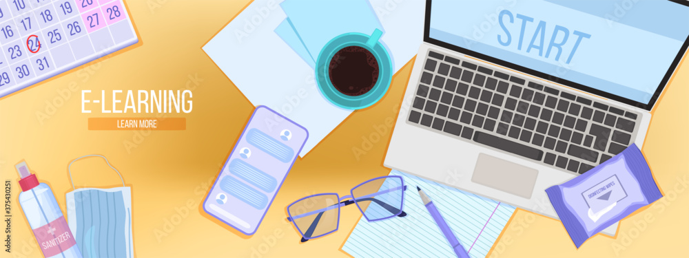 Vector online education illustration with laptop, smartphone, workplace ...