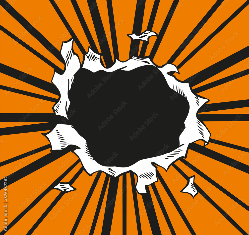 Comic book hole. Vector paper is torn through boom explosion. Circle ...