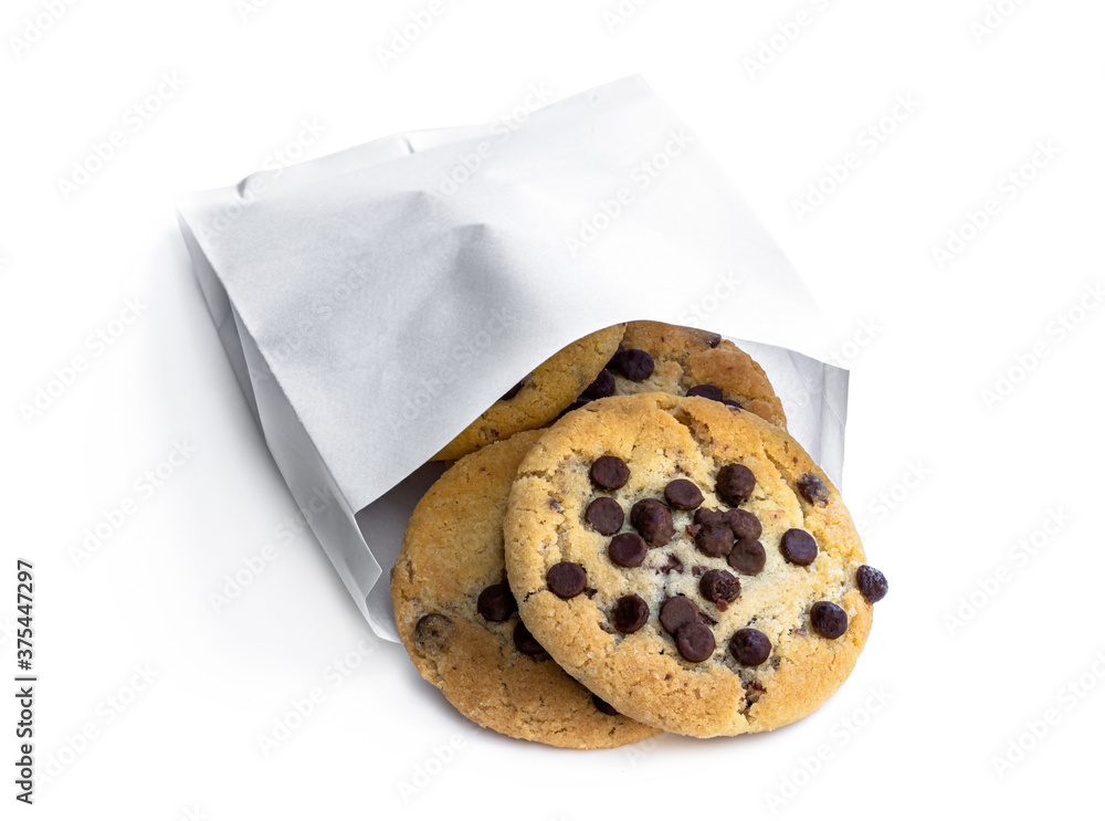 Chocolate chip cookies in white paper bag isolated on white Stock Photo ...