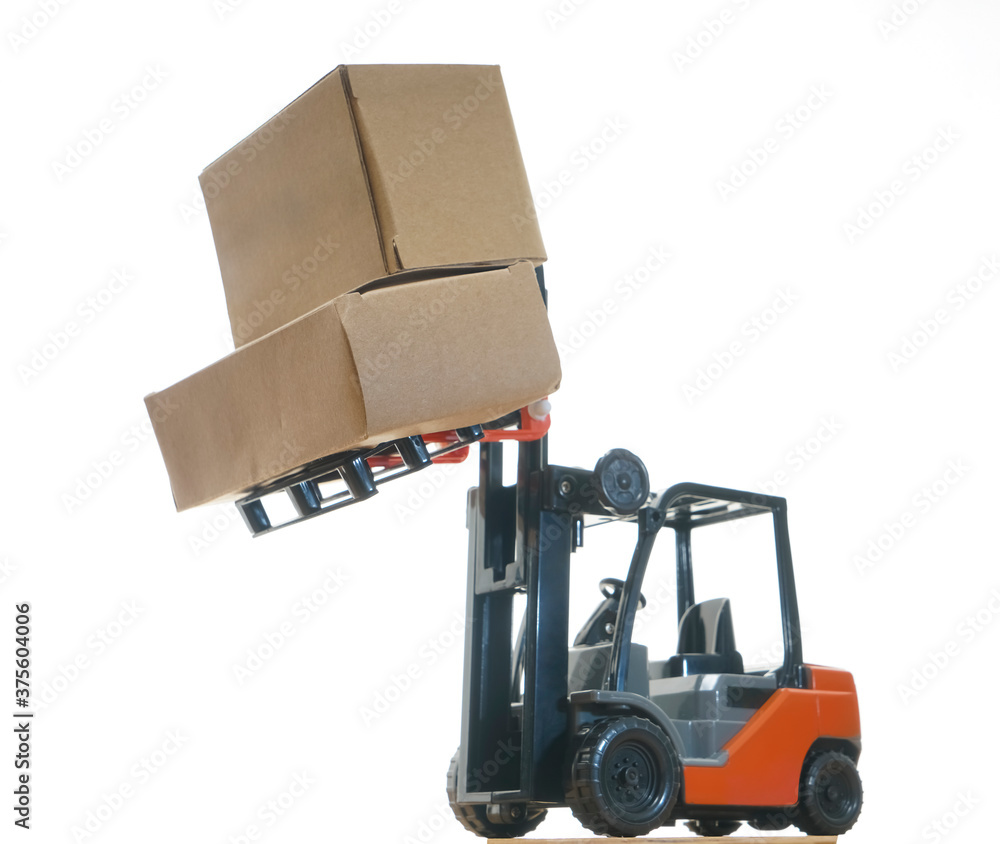 orange forklift model and 2 two carton boxes isolated on white ...