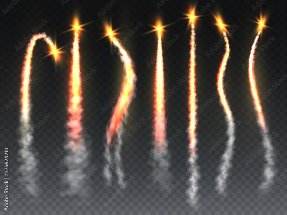Rocket fire set. Missile or spaceship launch trail with flame and smoke ...