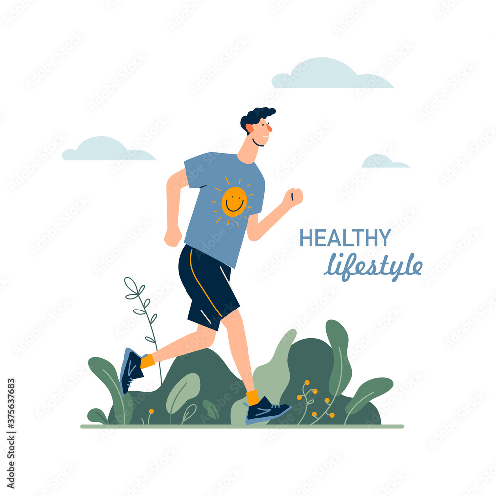 Runners. Young man running in the park. Healthy, active lifestyle. Flat ...