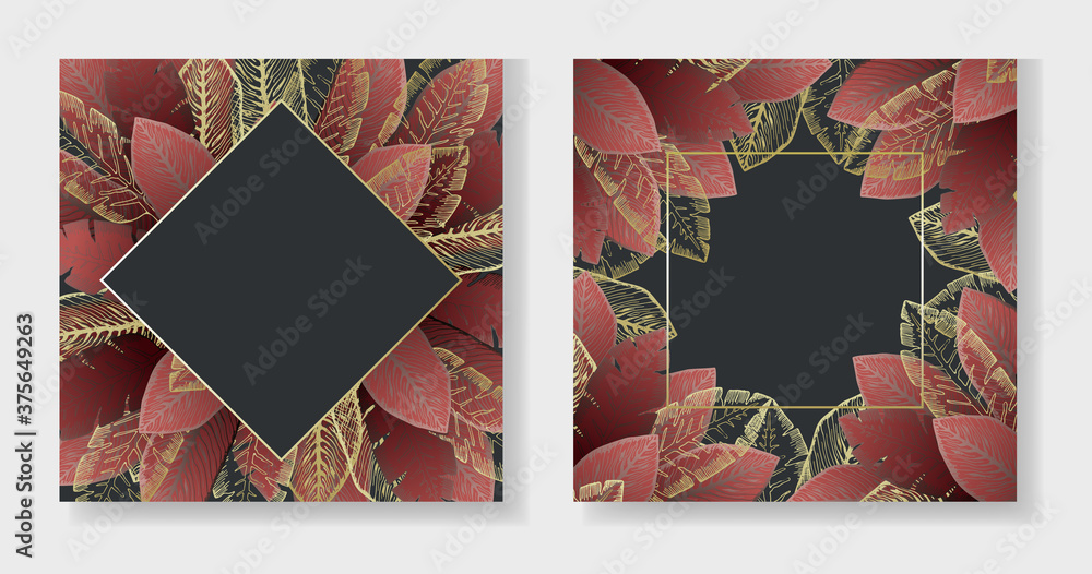 Collection of dark red square shape backgrounds with golden tropical ...