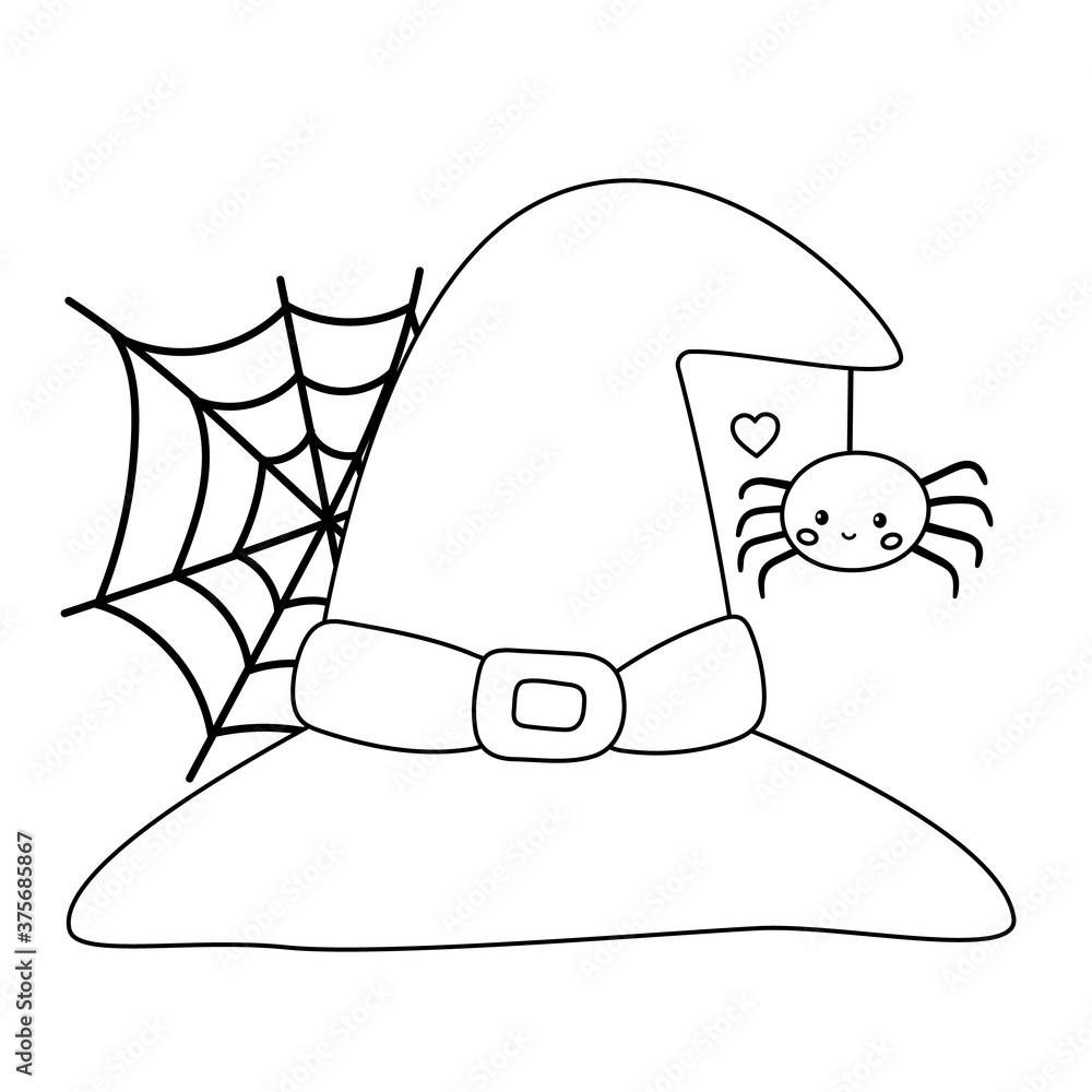 Halloween coloring page for children. Cute kawaii spider with witch hat ...