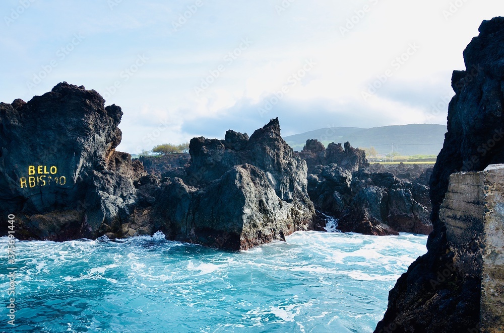 Coastline of lava rocks in Biscoitos, Terceira island Azores, Portugal ...