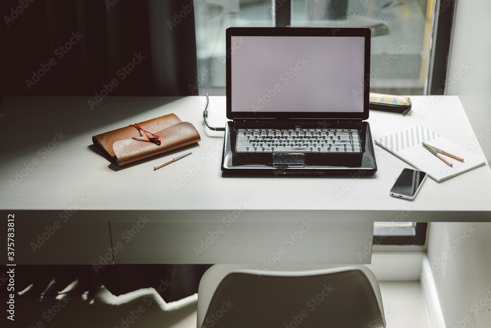 Laptop With Blank White Screen On The Desk At The Office Stock Photo ...