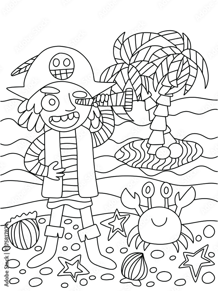 Young pirate vector coloring page. Pirate with tricorn hat and spyglass ...
