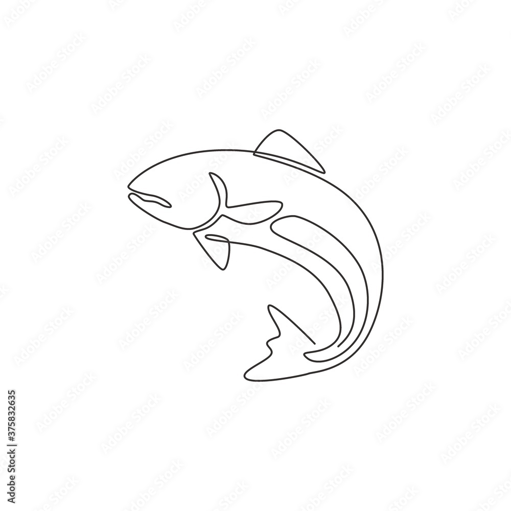 One single line drawing of big salmon for logo identity. Large lake ...