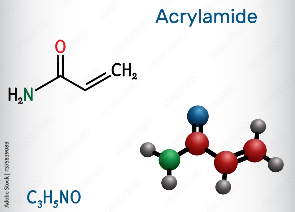 Acrylamide, ACR, acrylic amide molecule. It is as a precursor to ...