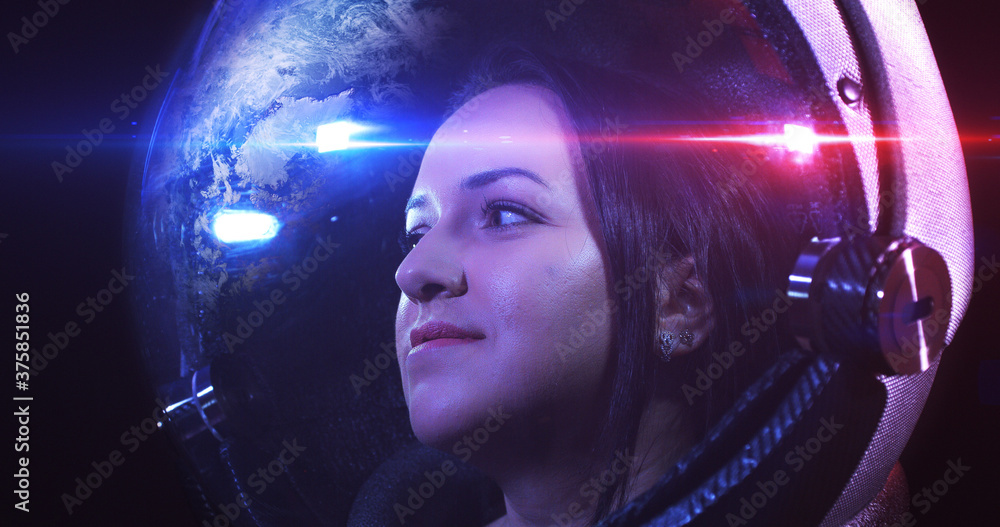 Young Brave Beautiful Female Astronaut In Space Helmet Looking At ...