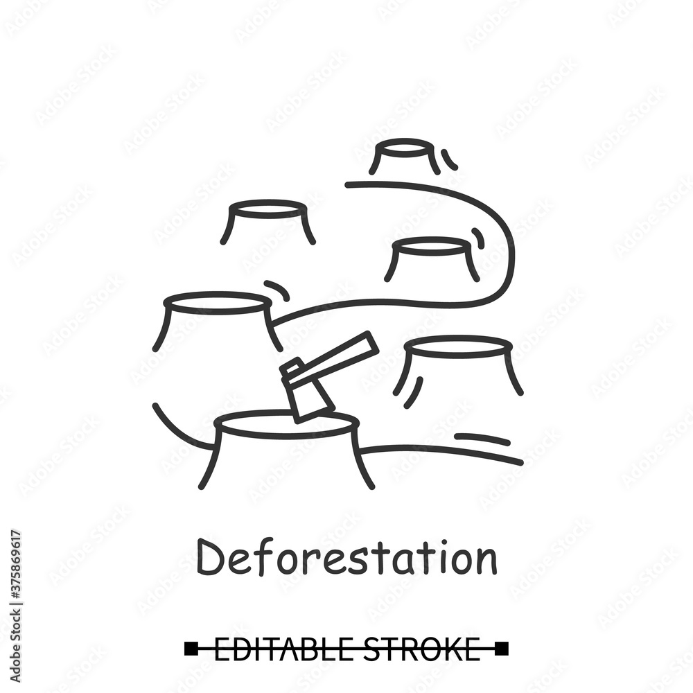 Deforestation icon. Rain forest tree cutting with stubs and lumber axe linear pictogram. Concept ...