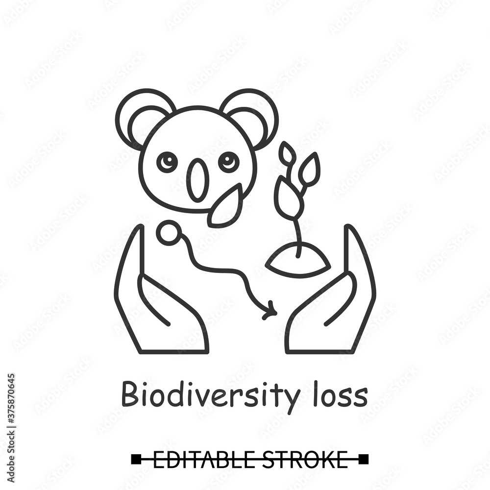 Wildlife protection icon. Plant and Koala bear in palms line pictogram ...