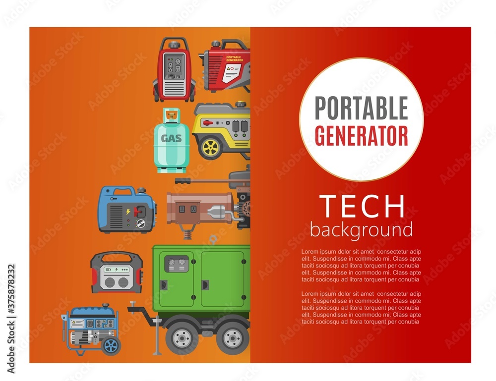 Portable generator, tech background banner lettering, voltage source ...