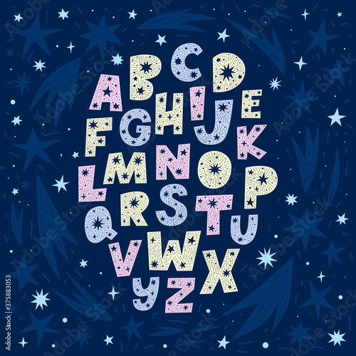 Cute hand drawn decorative alphabet on midnight blue sky, with stars ...