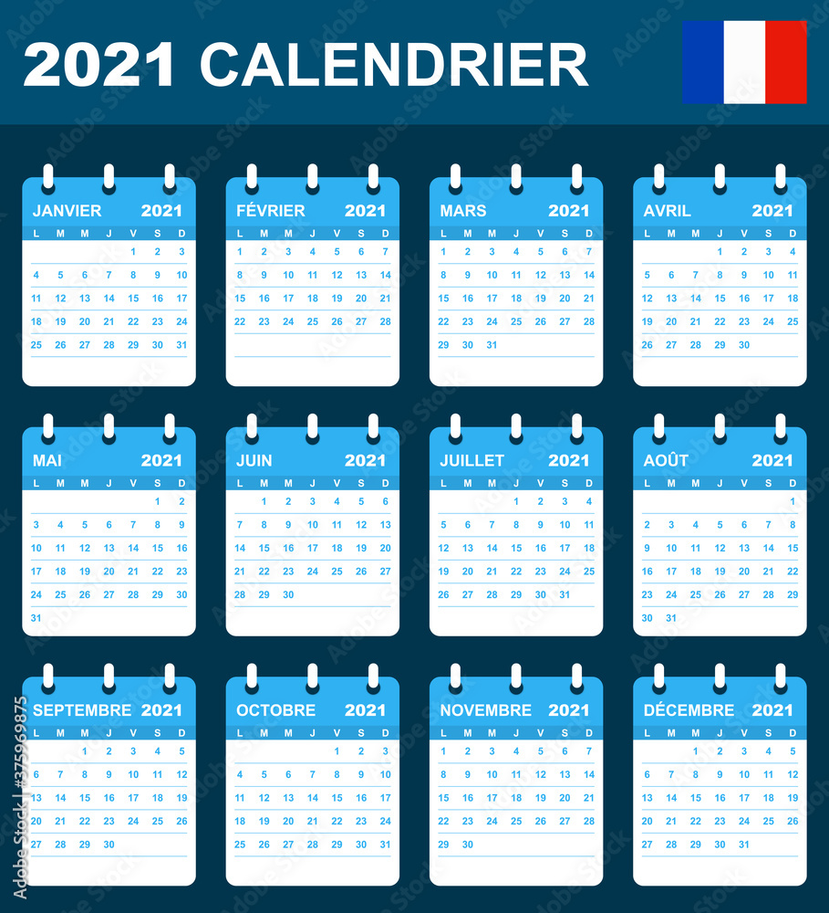 French Calendar for 2021. Scheduler, agenda or diary template. Week ...