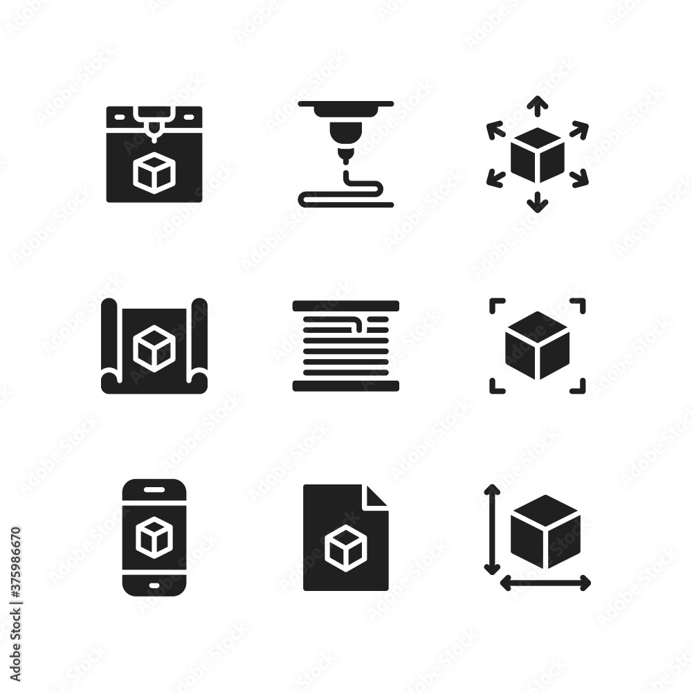 3d printing icon set including printer, manufacturing, modelling ...